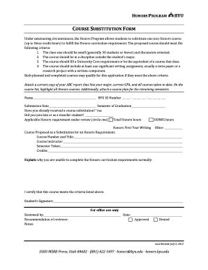 Fillable Online honors byu COURSE SUBSTITUTION FORM - BYU Honors ...