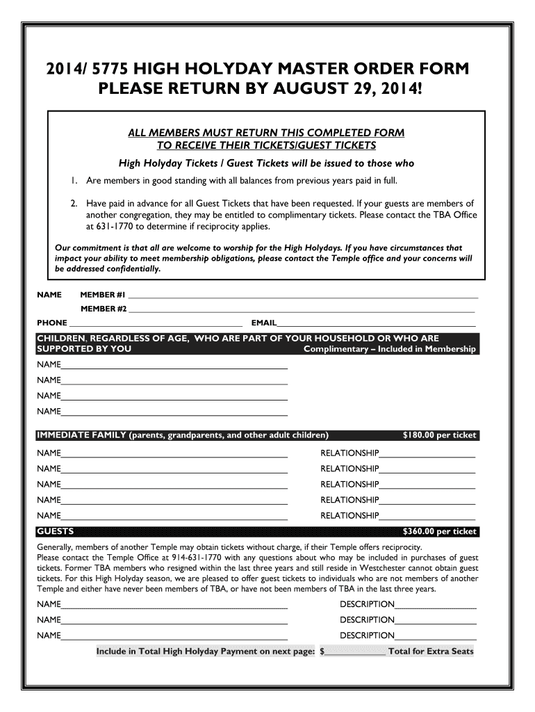 Fillable Online 2014/ 5775 HIGH HOLYDAY MASTER ORDER FORM Fax Email ...