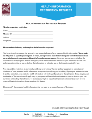 Fillable Online partnershiphp Health Information Restriction Request Form - Partnership ...