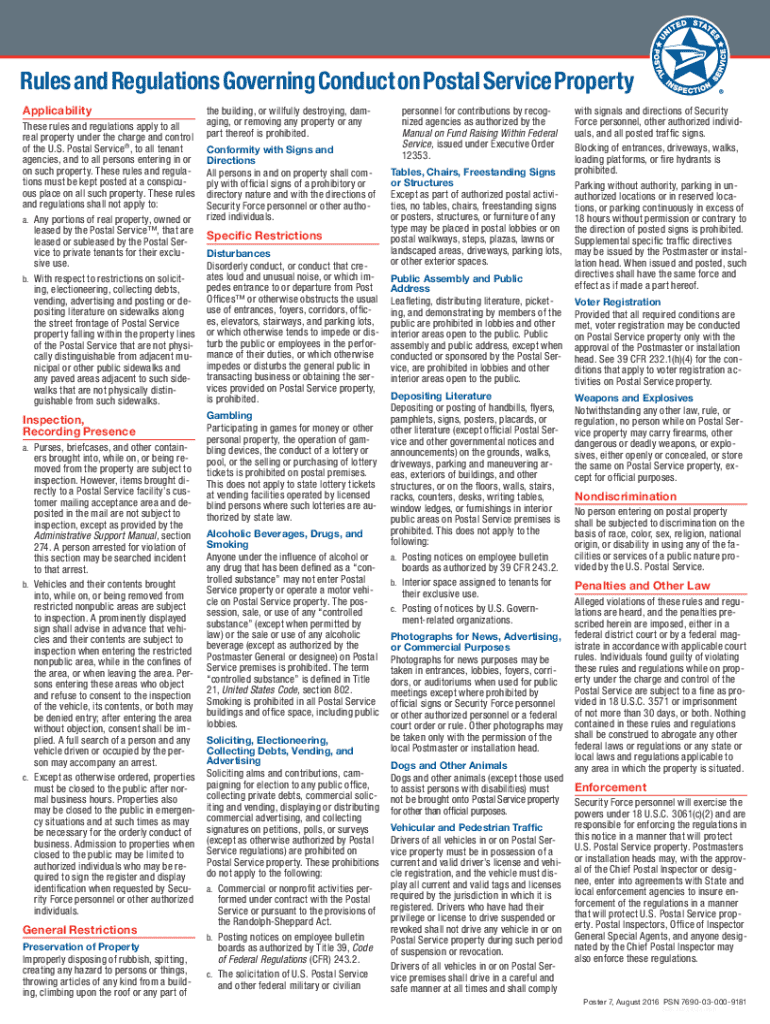 Poster 7 - Rules and Regulations Governing Conduct on Postal Service ...