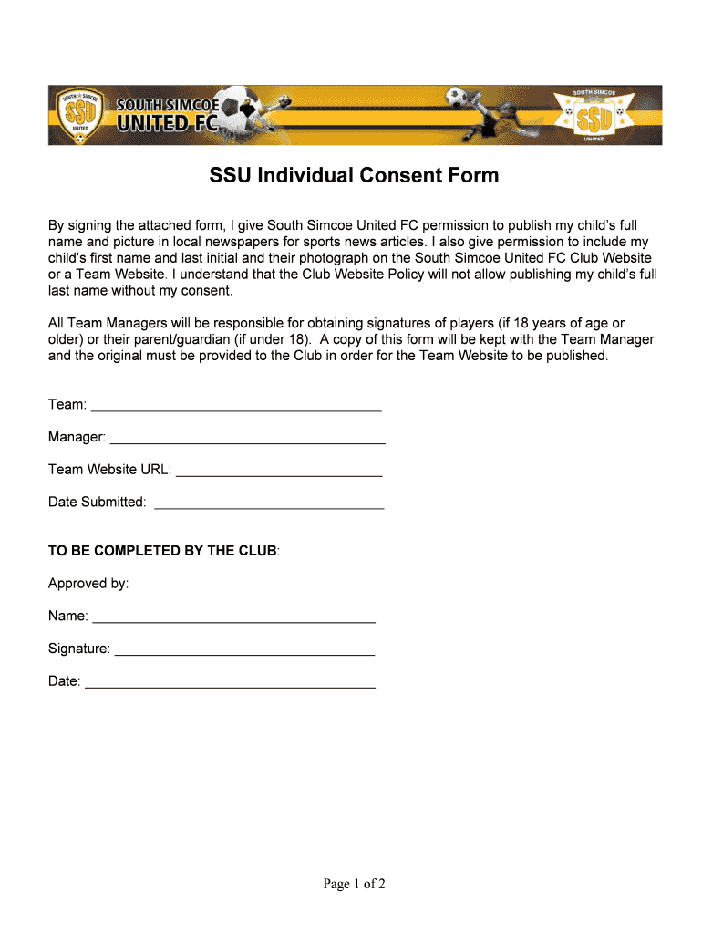 Fillable Online SSU Individual Consent Form - South Simcoe United FC ...