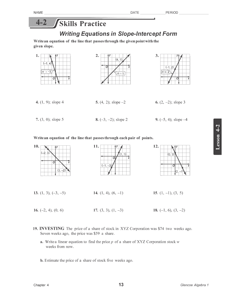 4 1 Skills Practice Writing Equations In Slope Intercept Form Fill
