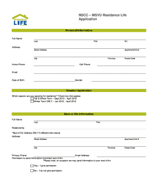 Fillable Online NSCC MSVU Residence Life Fax Email Print - pdfFiller