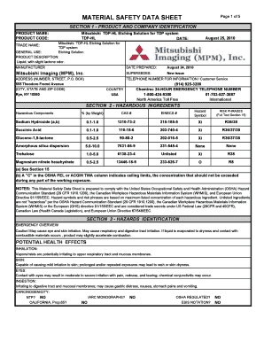 Fillable Online MATERIAL SAFETY DATA SHEET - Mitsubishi Imaging Fax ...