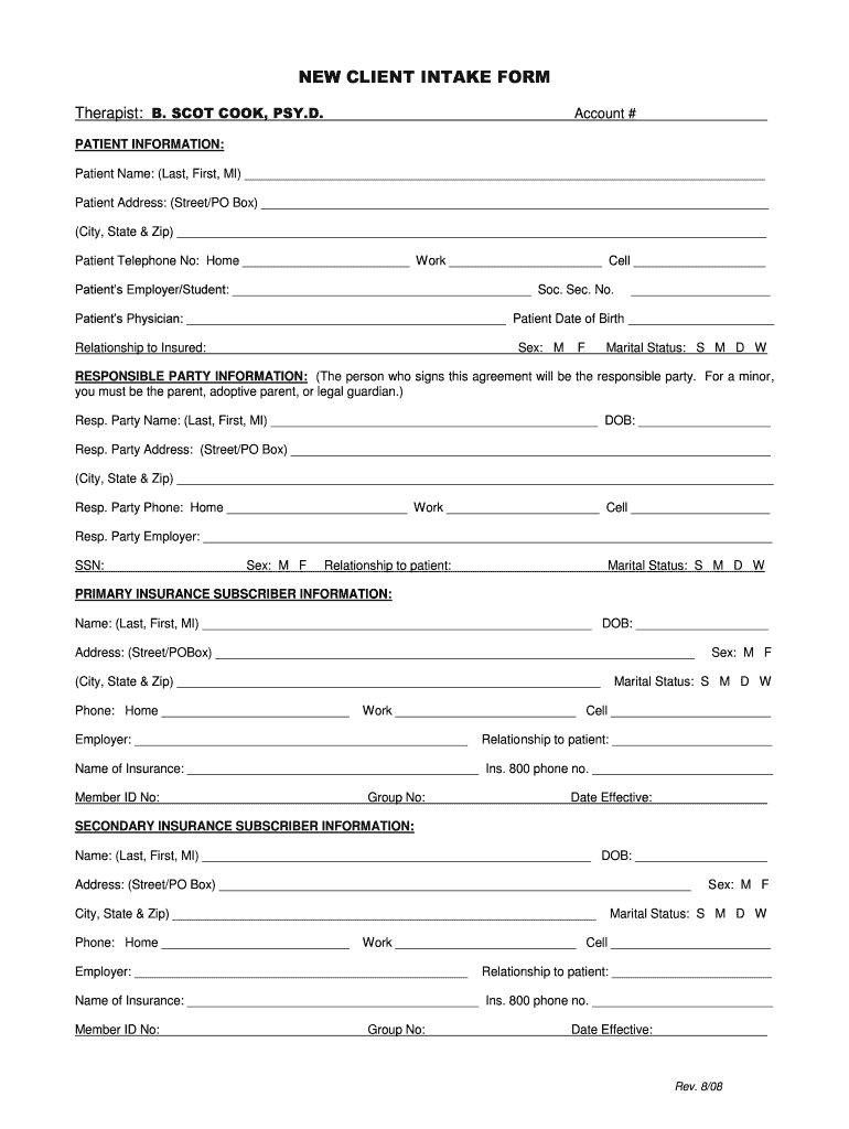 Fillable Online NEW CLIENT INTAKE FORM Therapist: B Fax Email Print ...