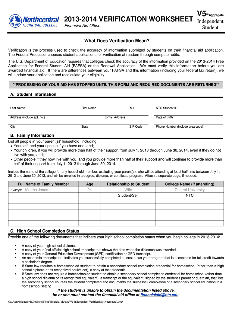Fillable Online ntc 20132014 VERIFICATION WORKSHEET Financial Aid Office V5Aggregate Independent ...