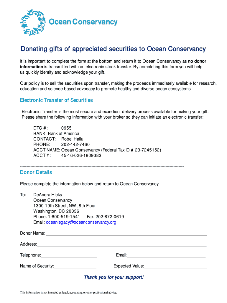 Fillable Online oceanconservancy Donating gifts of appreciated ...