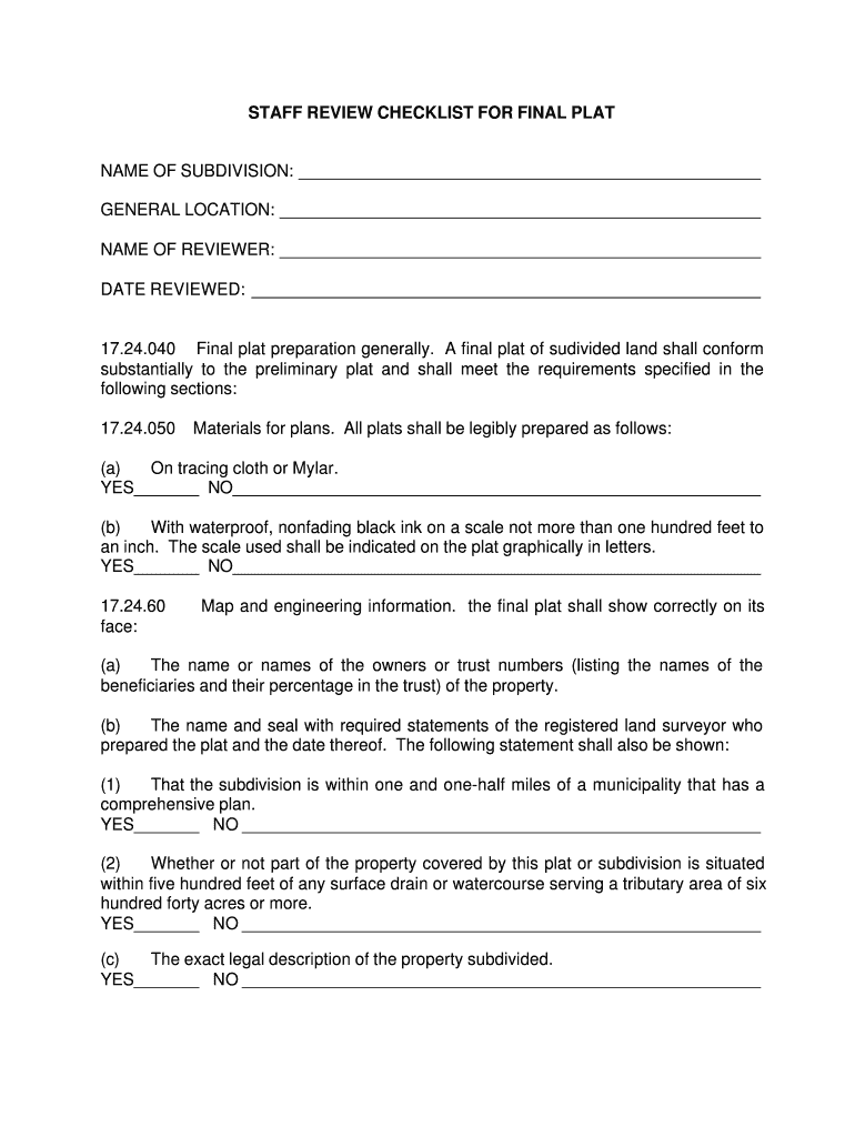 Fillable Online Staff review checklist for final plat name of subdivision - Village of bb Fax ...