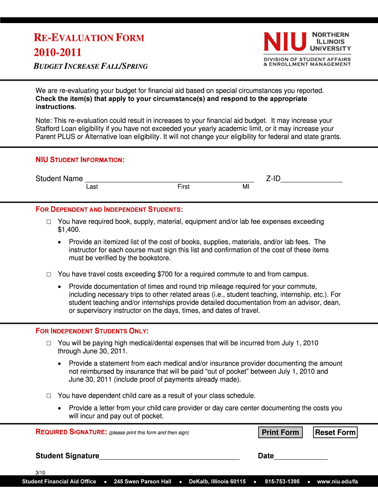 Fillable Online outreach niu RE-EVALUATION FORM 2010-2011 Fax Email Print - pdfFiller