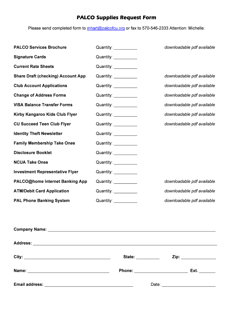 Fillable Online PALCO Supplies Request Form Fax Email Print - pdfFiller