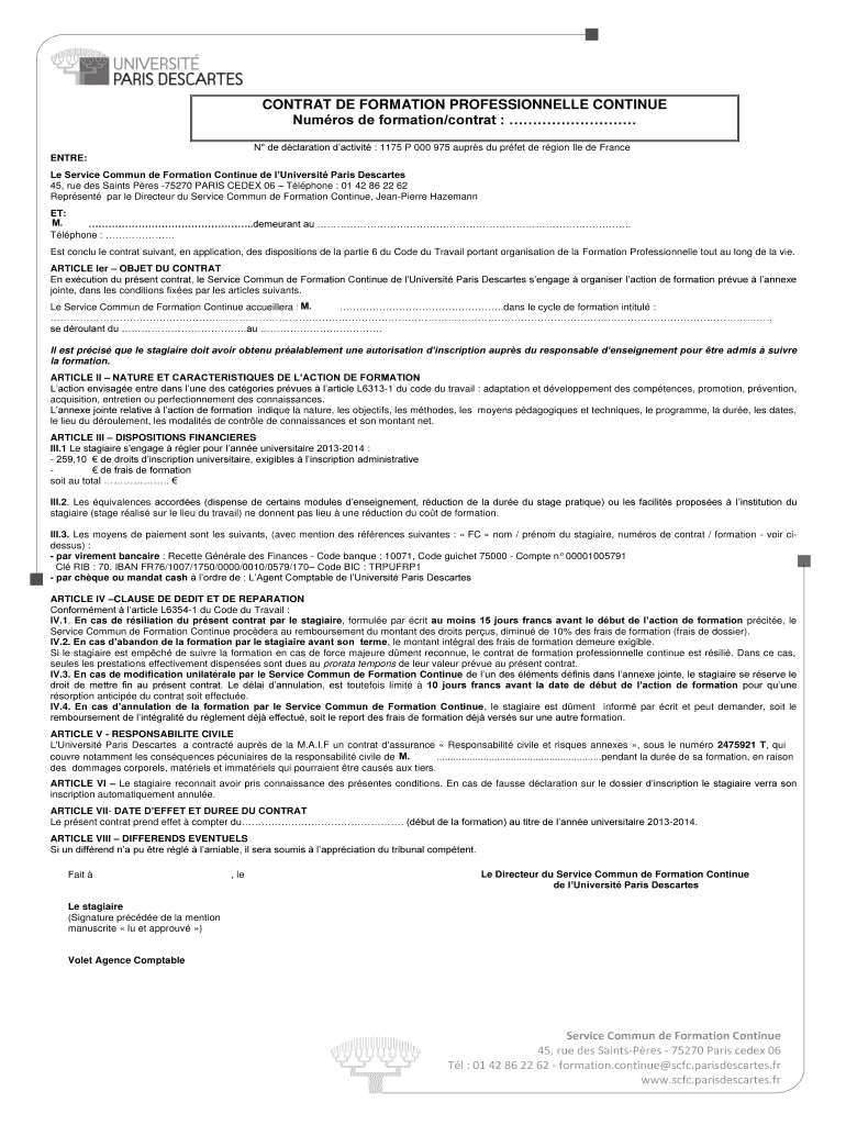 Fillable Online scfc parisdescartes CONTRAT DE FORMATION ...