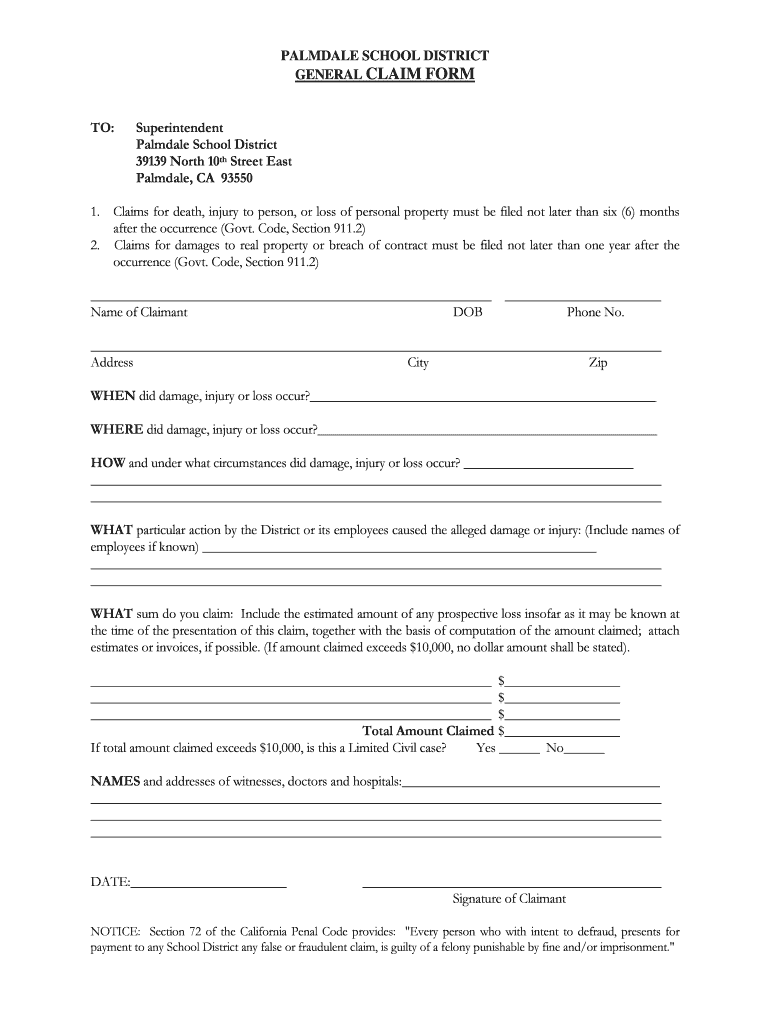 Fillable Online palmdalesd Claim form spanish - palmdalesd Fax Email ...