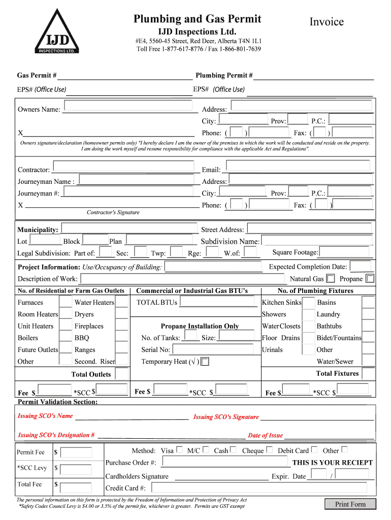 Fillable Online Plumbing and Gas Permit Invoice - Town of Didsbury ...