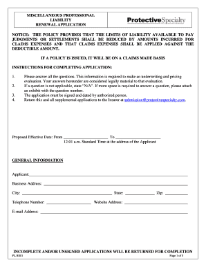 Fillable Online Renewal Application - Protective Specialty Fax Email ...