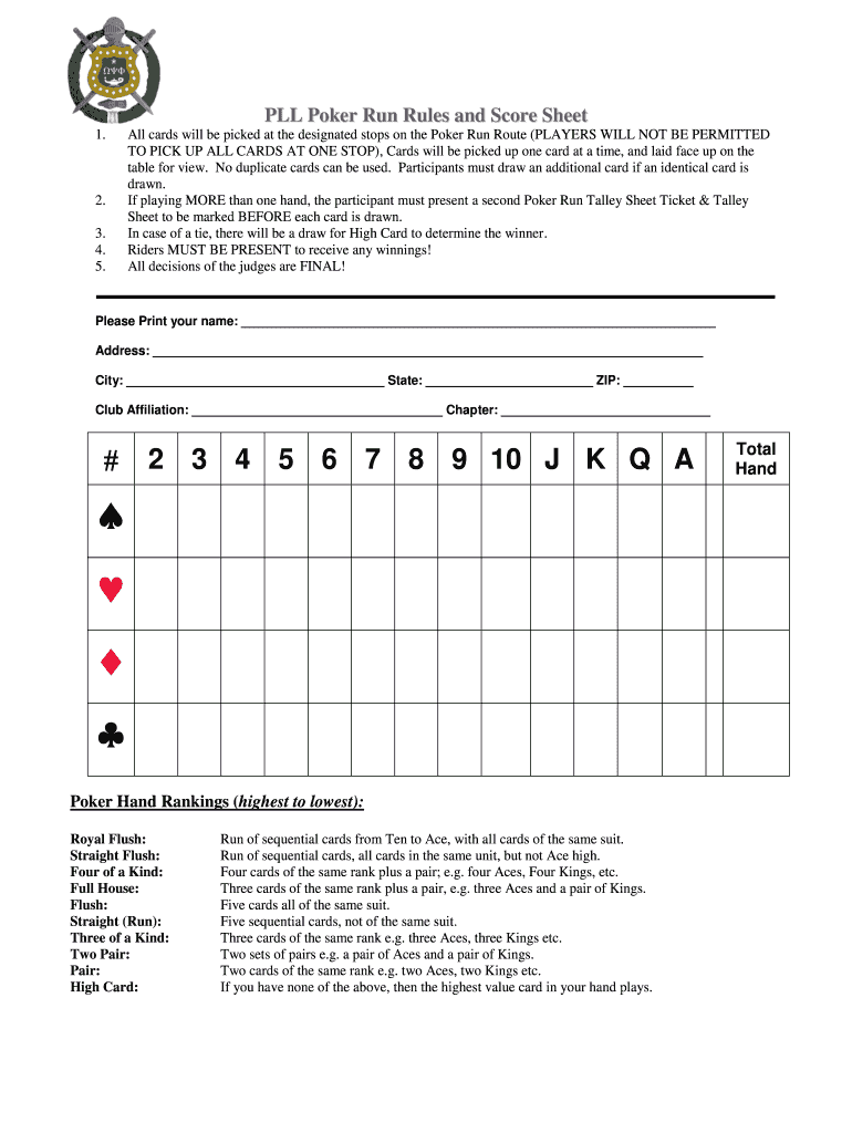 Poker Run Score Sheets Printable Poker Run Score Sheet Template 