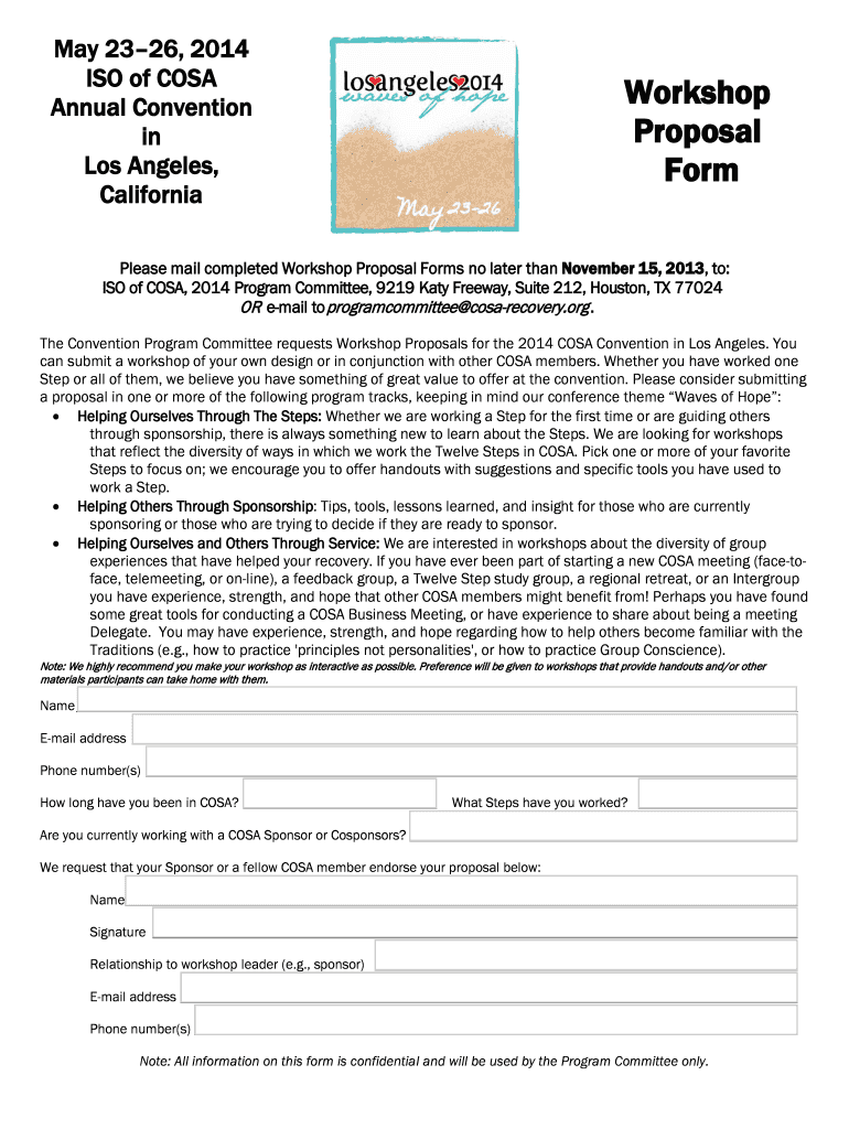 Fillable Online cosa-recovery Workshop Proposal bFormb - CoSA Fax Email ...