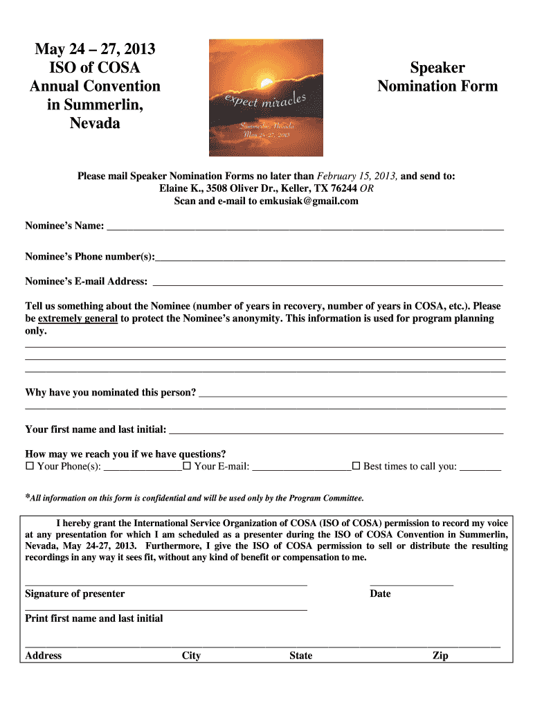 Fillable Online cosa-recovery ISO of COSA - cosa-recovery Fax Email ...