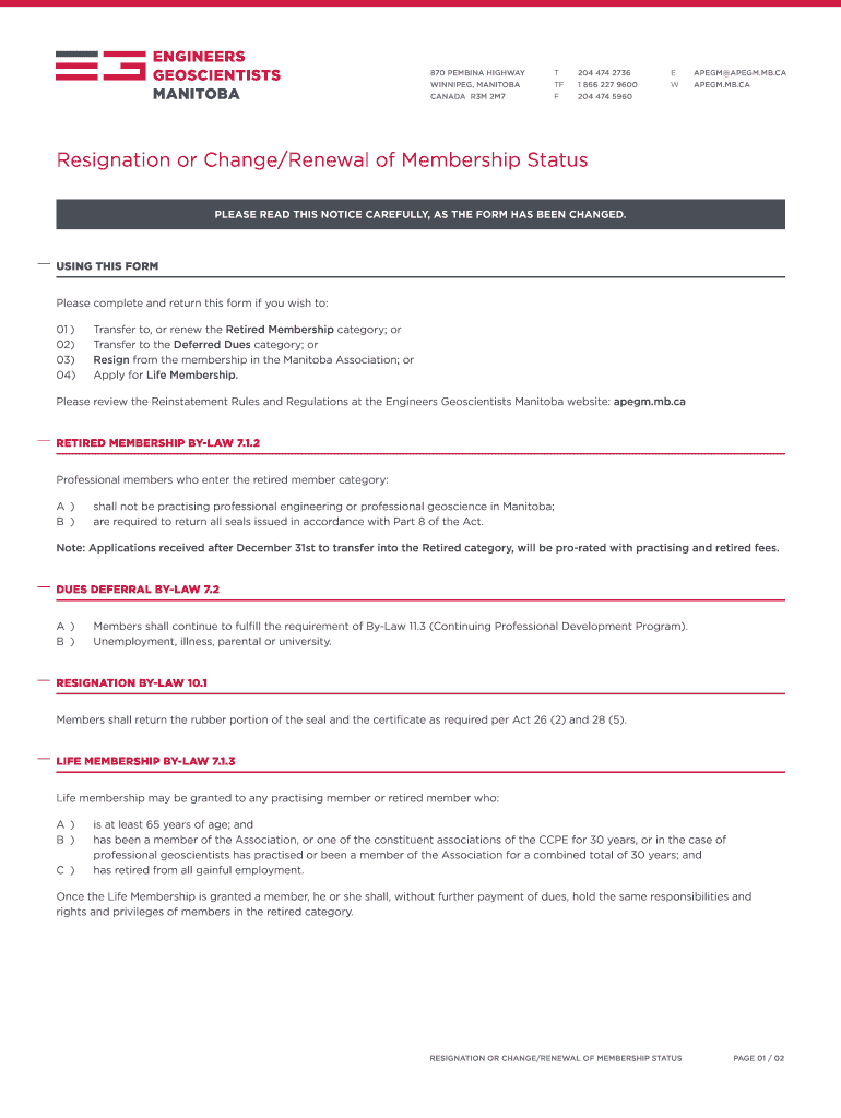 Fillable Online Resignation or ChangeRenewal of Membership Status Fax ...