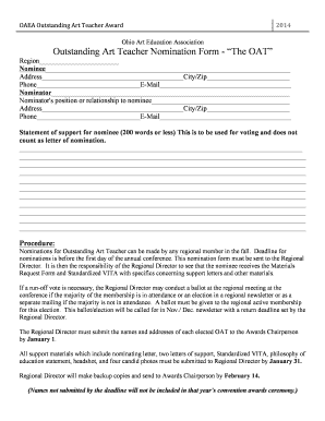 Fillable Online 2014 Outstanding Art Teacher Nomination Form - The OAT Fax Email Print - pdfFiller