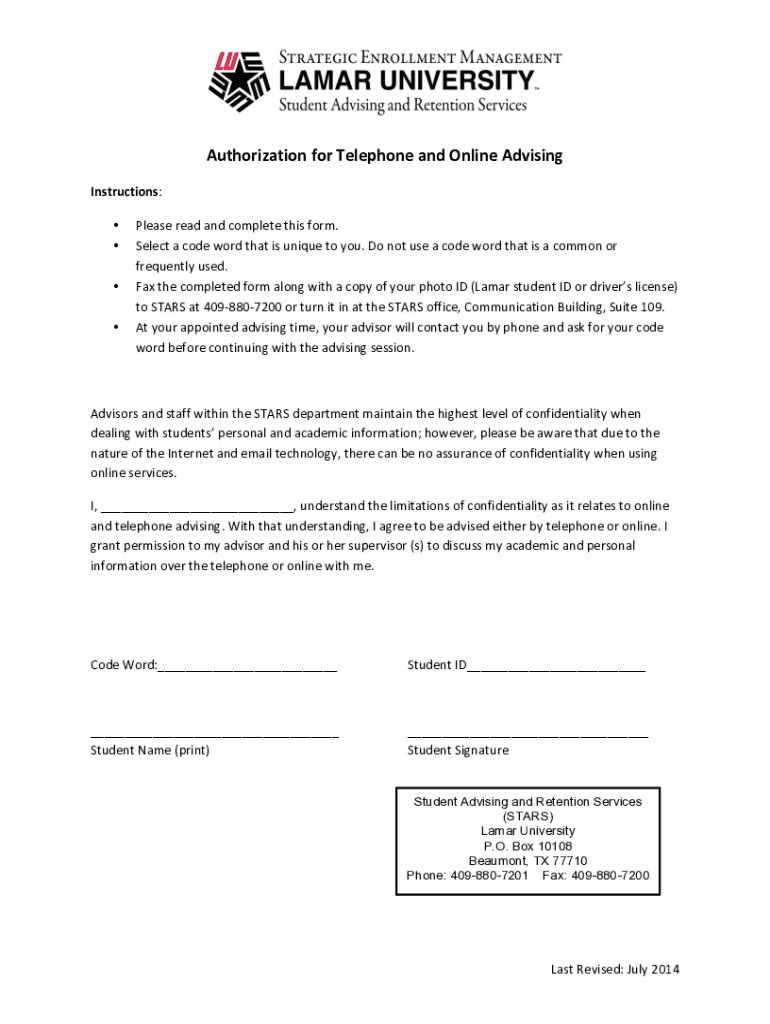 Fillable Online Authorization for Telephone and Online Advising Fax Email Print - pdfFiller
