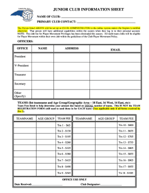 Fillable Online carolinaregionvb Junior Club Information Form Fax Email ...