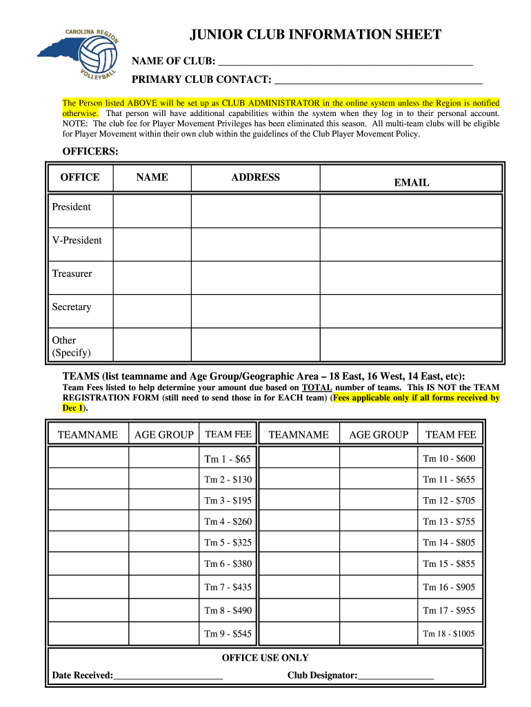 Fillable Online carolinaregionvb Junior Club Information Form Fax Email ...