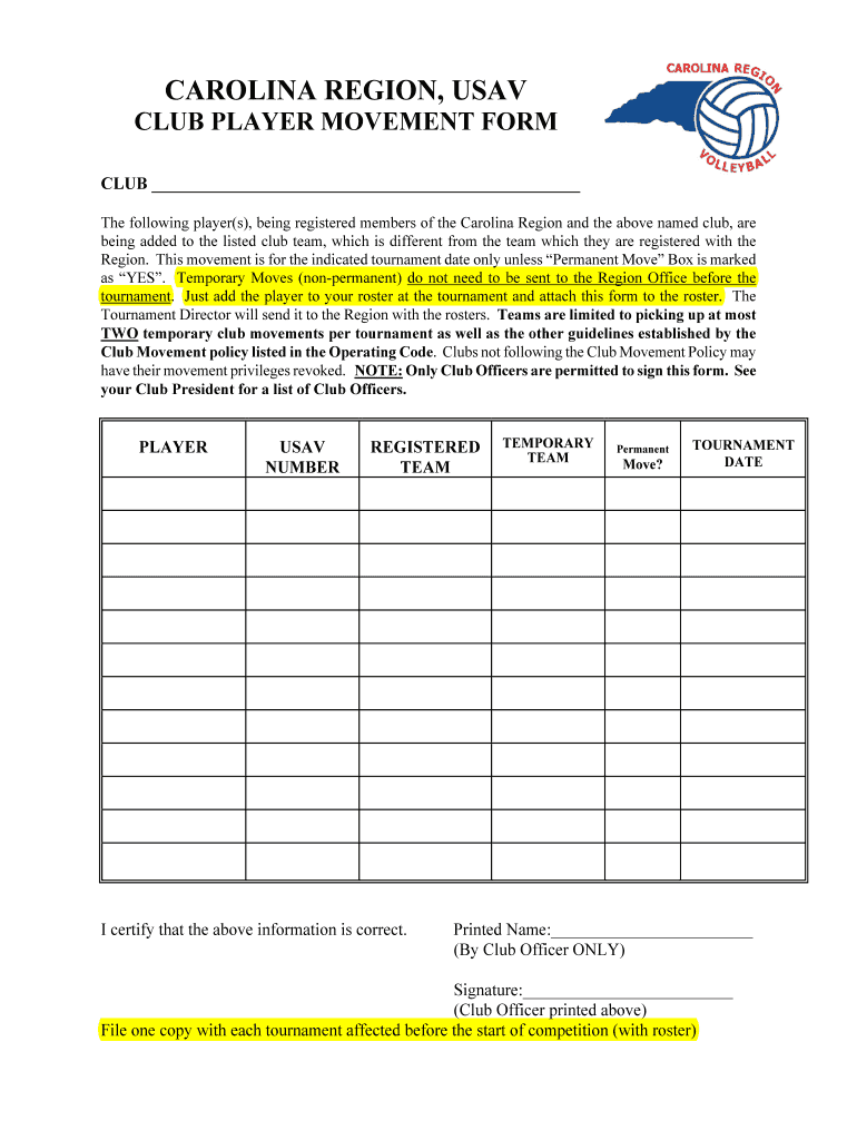 Fillable Online carolinaregionvb 2011 Junior Club Movement Form Fax Email Print - pdfFiller