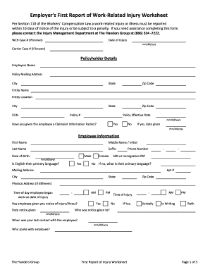 Fillable Online First Report of Injury Worksheet - The Flanders Group ...