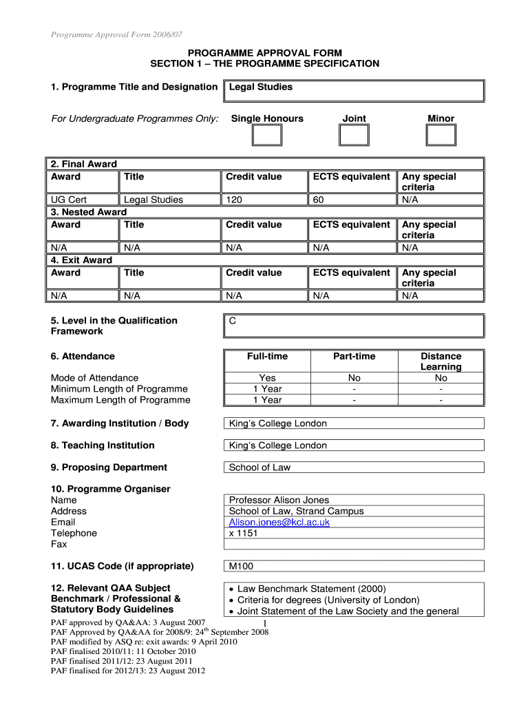 Fillable Online kcl ac PROGRAMME APPROVAL FORM THE PROGRAMME... - kcl ac Fax Email Print - pdfFiller