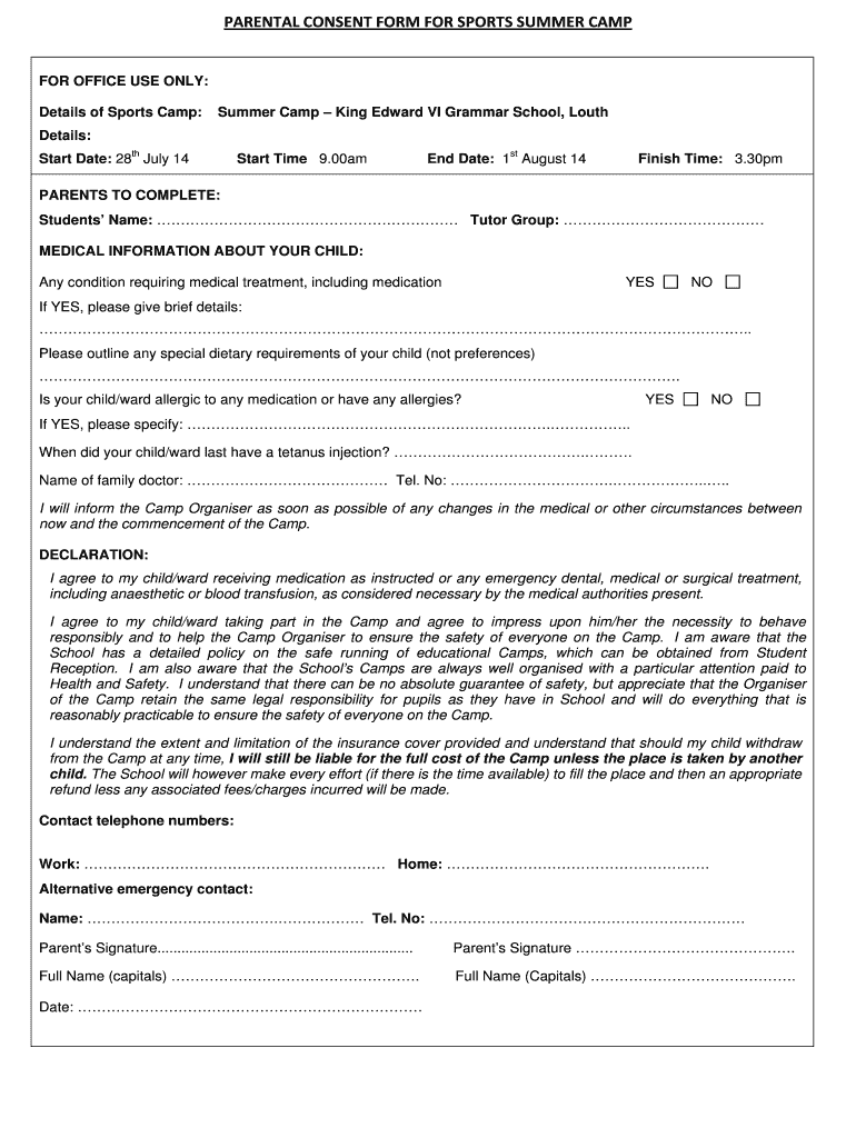 Fillable Online Parental consent form for sports summer camp - WisePay Fax Email Print - pdfFiller