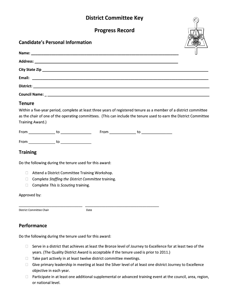 Fillable Online Progress Record for the District Committee Key Fax ...
