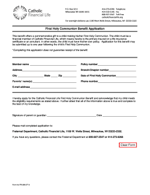 Fillable Online First Holy Communion Benefit Application Clear Form ...
