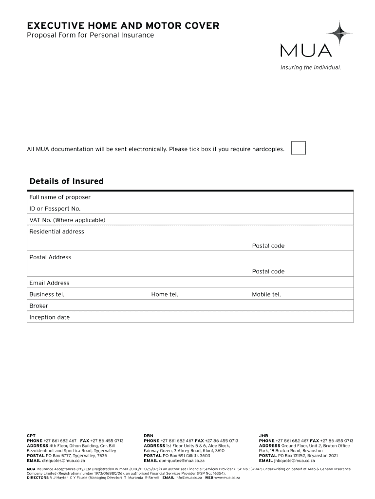 Fillable Online forms mua co EXECUTIVE HOME AND MOTOR COVER - forms ...