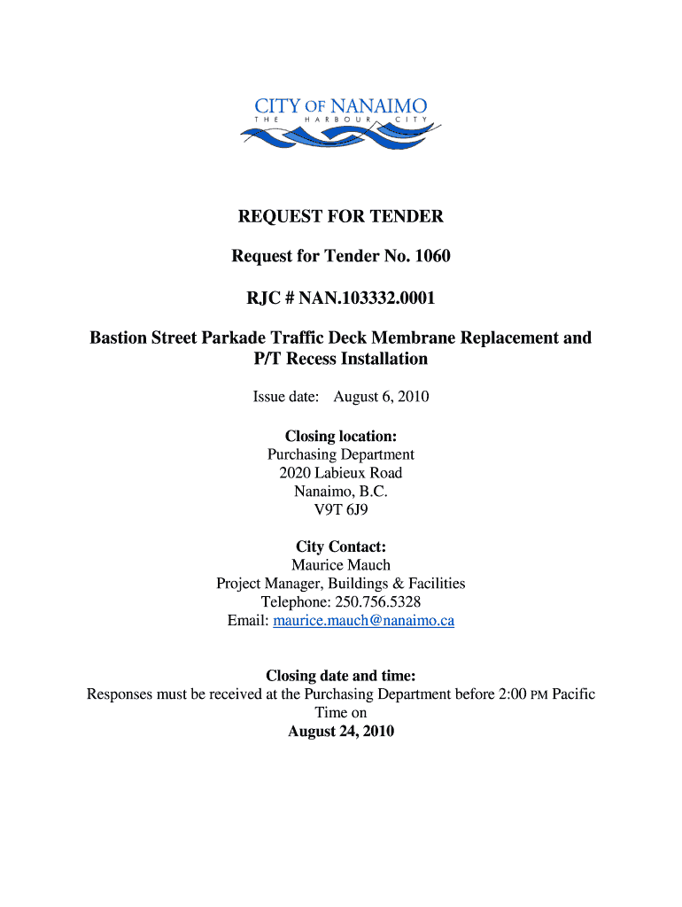 Fillable Online nanaimo REQUEST FOR TENDER Request for Tender No 1060 ...