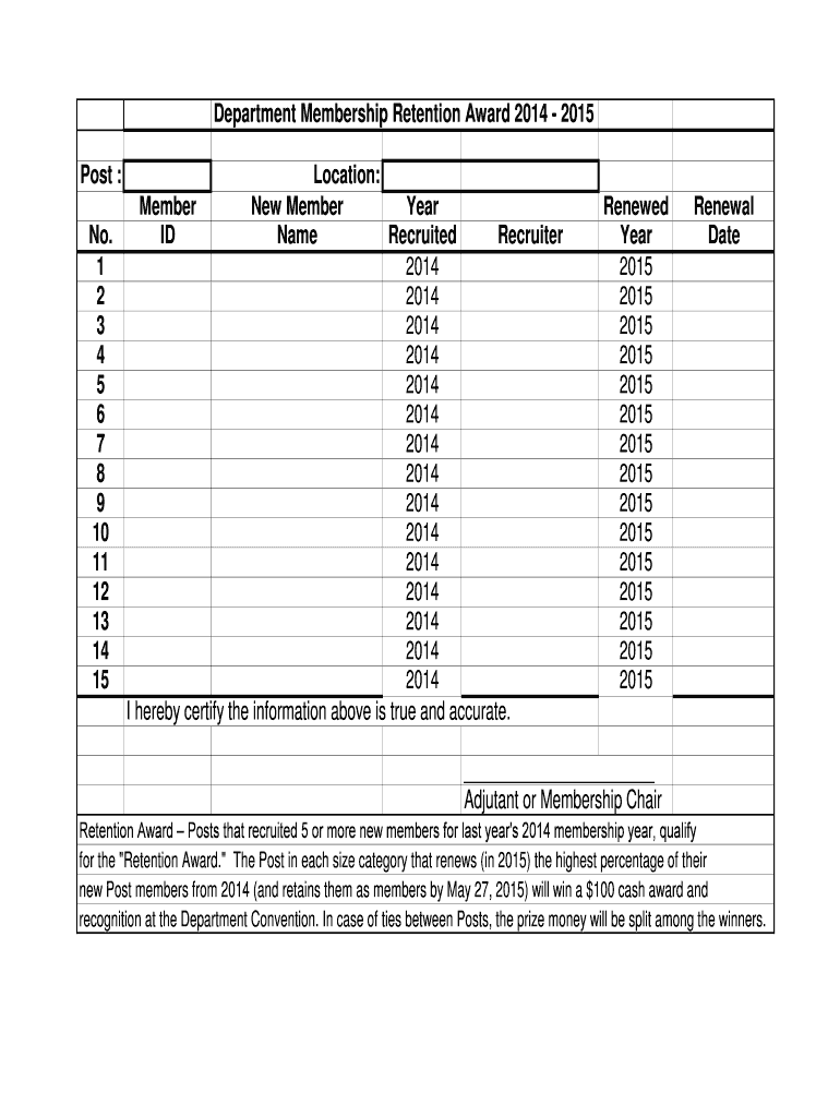 Fillable Online ndlegion Department Membership Retention Award 2014 ...