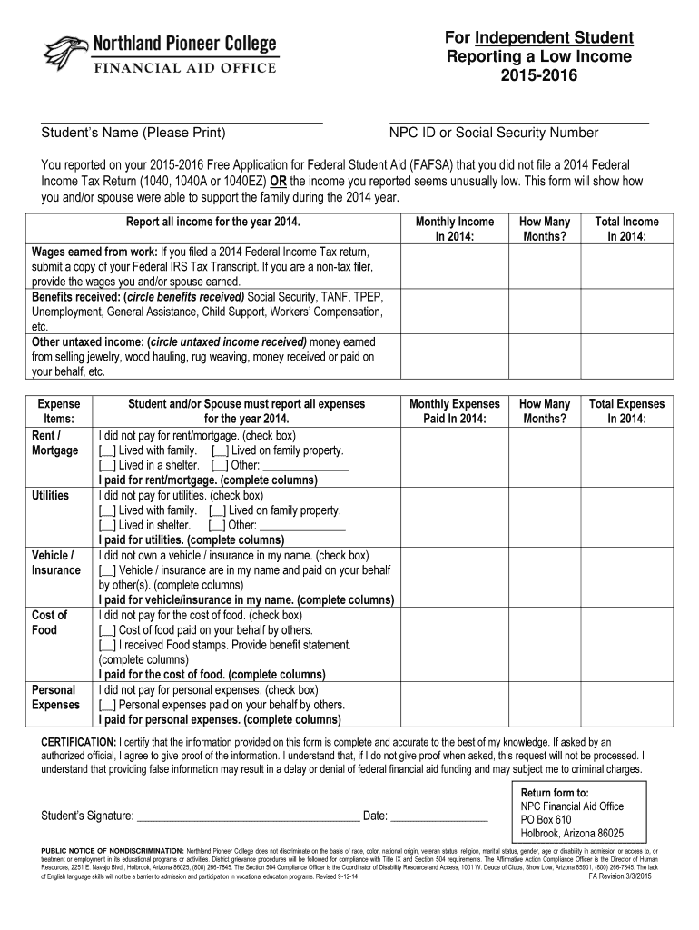 Fillable Online npc Reporting a Low Income - npc Fax Email Print ...