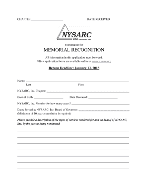 Fillable Online nysarc Memorial Recognition Fax Email Print - pdfFiller