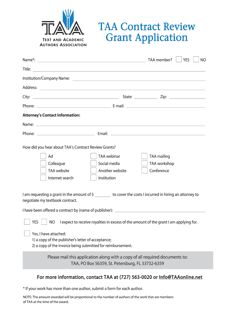 Fillable Online TAA Contract Review Grant Application Fax Email Print ...