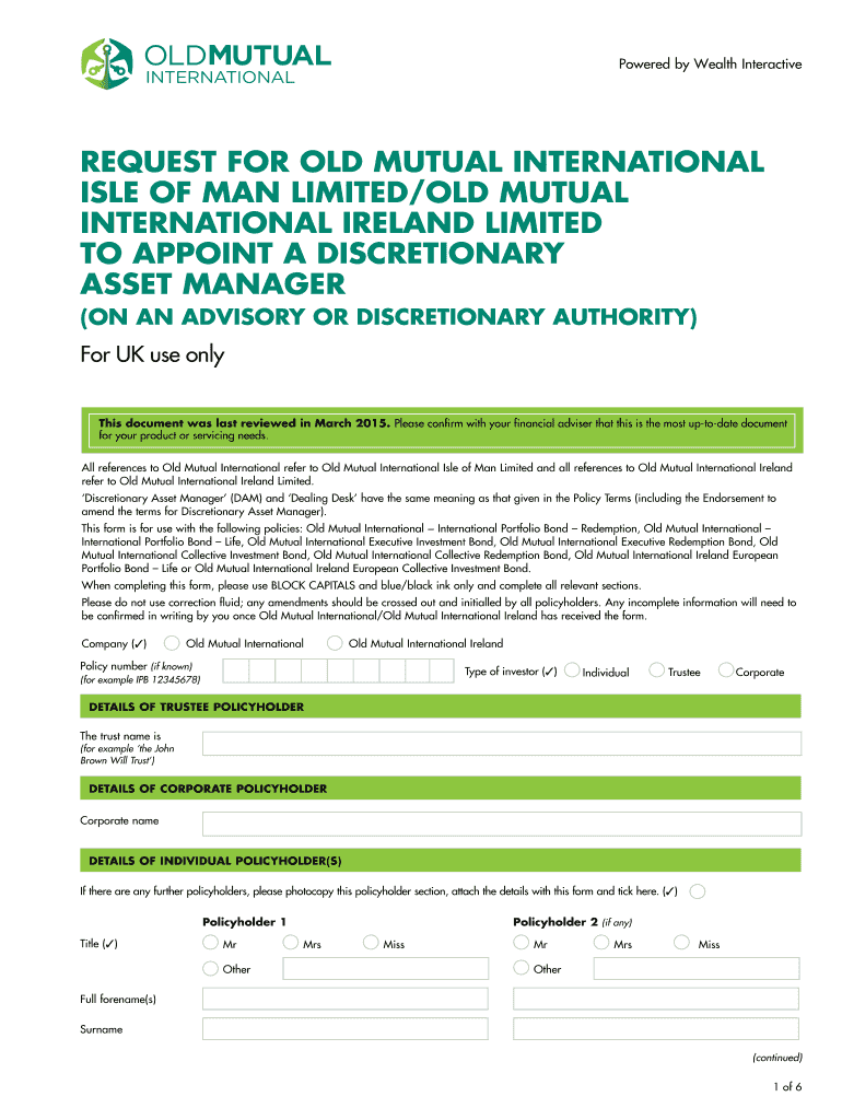 Fillable Online Request foR old Mutual InteRnatIonal Isle of Man ...