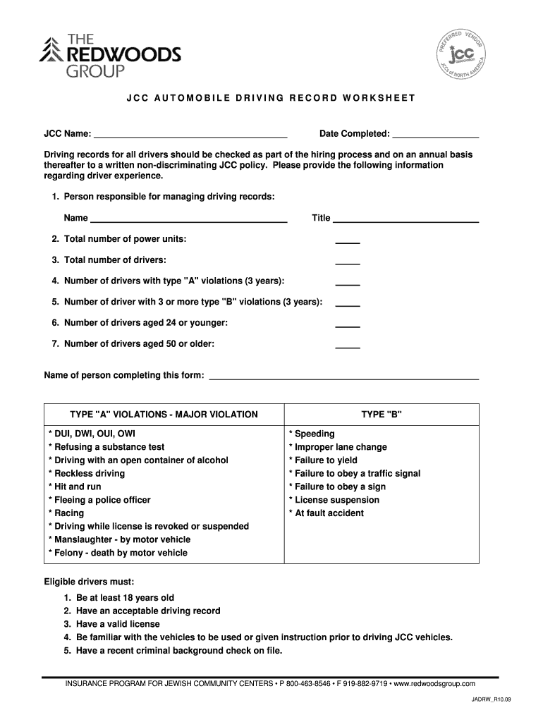 Fillable Online JCC AUTOMOBILE DRIVING RECORD WORKSHEET Driving Fax Email Print - pdfFiller