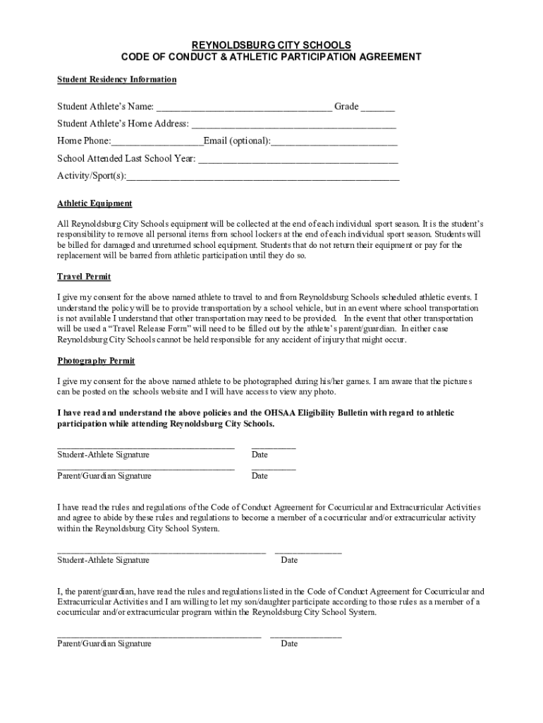 Fillable Online Code of Conduct - Athletic Participation Agreement.doc ...