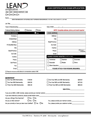 Fillable Online sme Lean Certification Exam Application - SME - Society ...