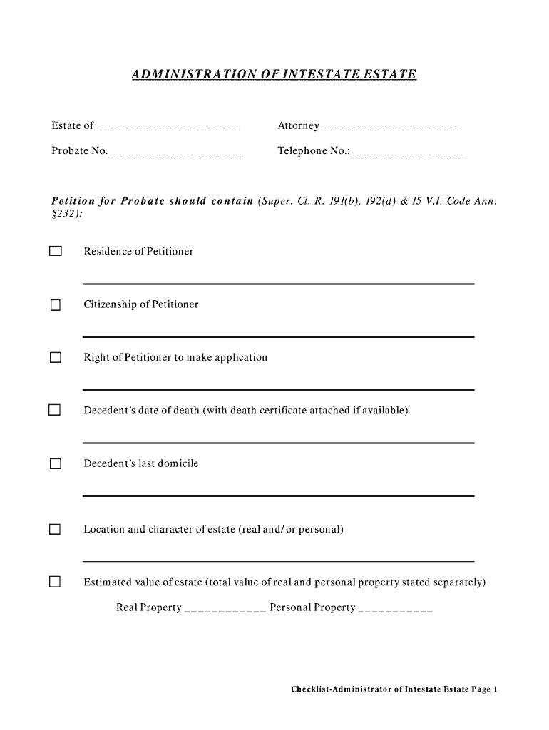 Fillable Online visuperiorcourt ADMINISTRATION OF INTESTATE ESTATE Fax ...