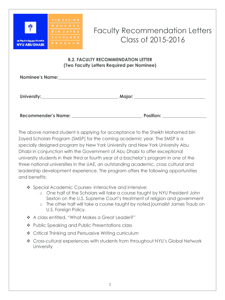 Fillable Online Faculty Recommendation Letters Class of 2015-2016 Fax Email Print - pdfFiller