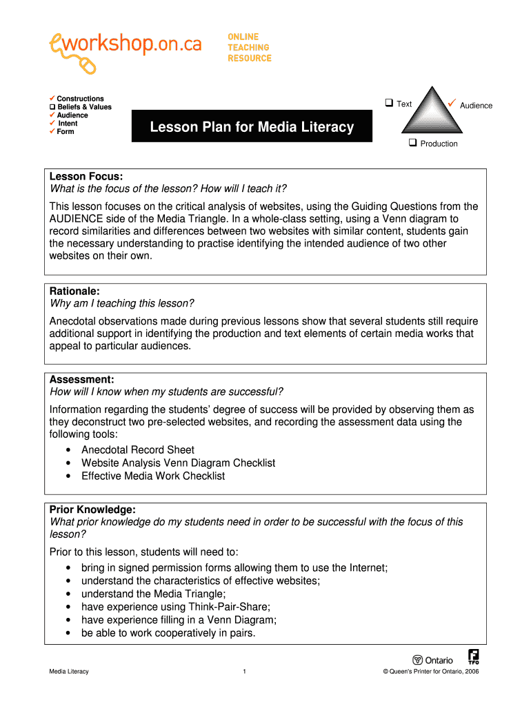 Fillable Online Form Lesson Plan for Media Literacy - eWorkshop Fax ...