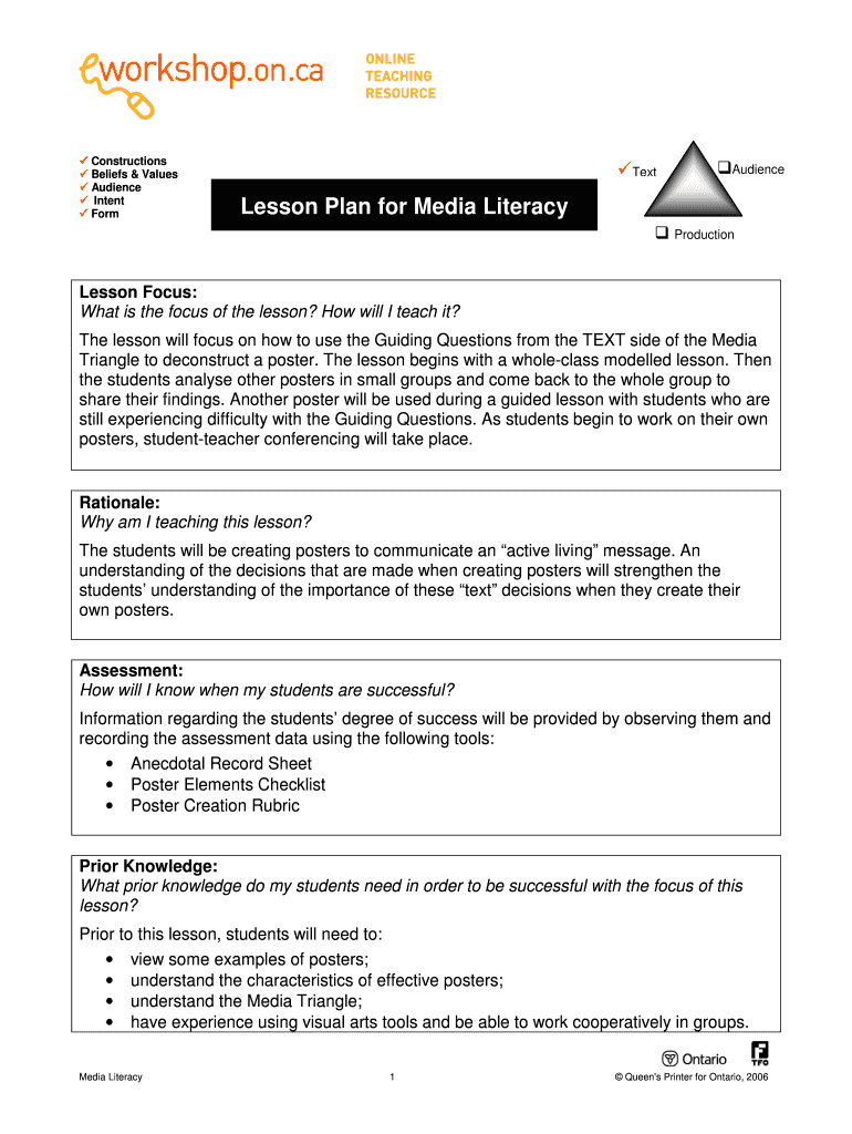 Fillable Online Intent Form Lesson Plan for Media Literacy -... Fax ...