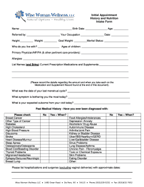 Fillable Online Initial Appointment History and Nutrition Intake Form ...
