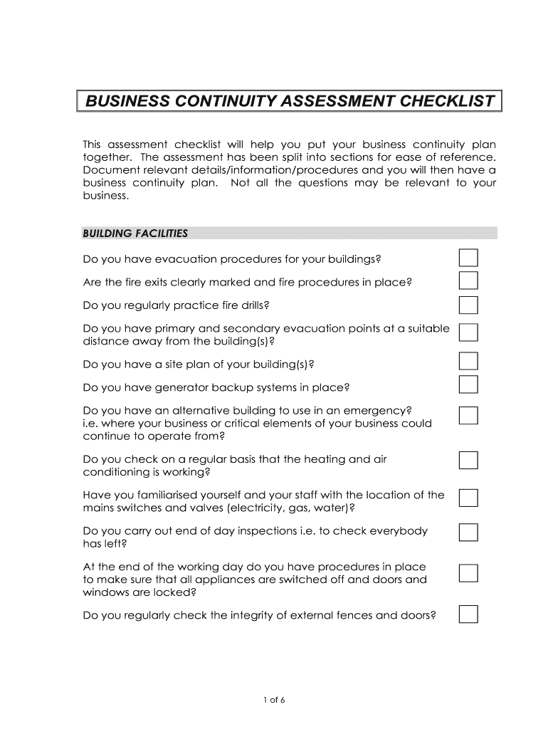 Fillable Online BUSINESS CONTINUITY ASSESSMENT CHECKLIST Fax Email ...
