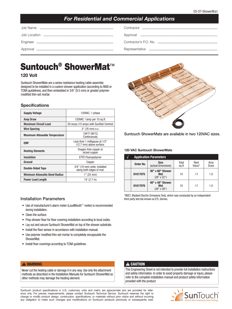 Fillable Online Suntouch ShowerMat - Watts Water Technologies Fax Email Print - pdfFiller