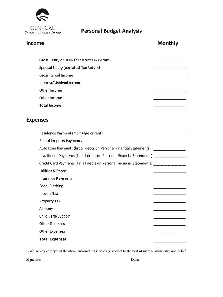 Fillable Online Personal Budget Analysis Fax Email Print - pdfFiller